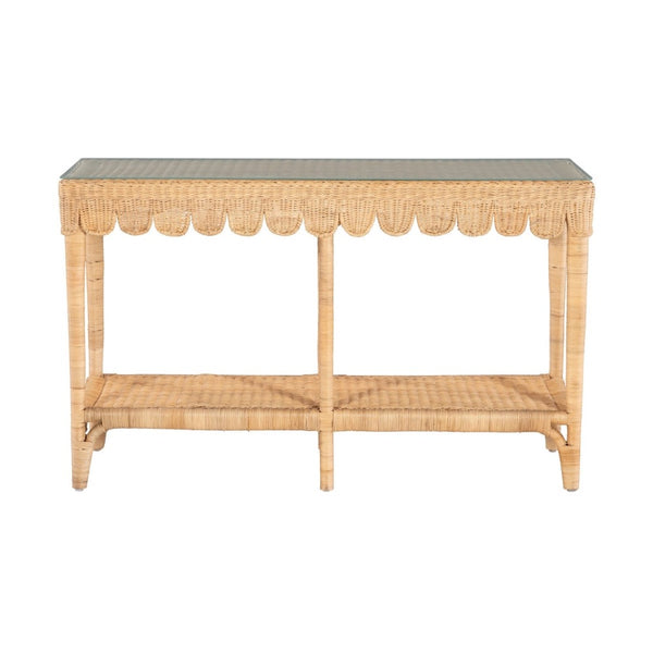 Scalloped Console Table with Glass Top and Lower Shelf – BSEID