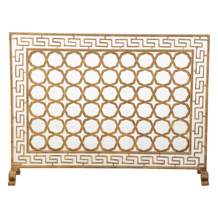 Single-Panel Greek Key - Light Burnished Gold Tole Fireplace Screen – BSEID